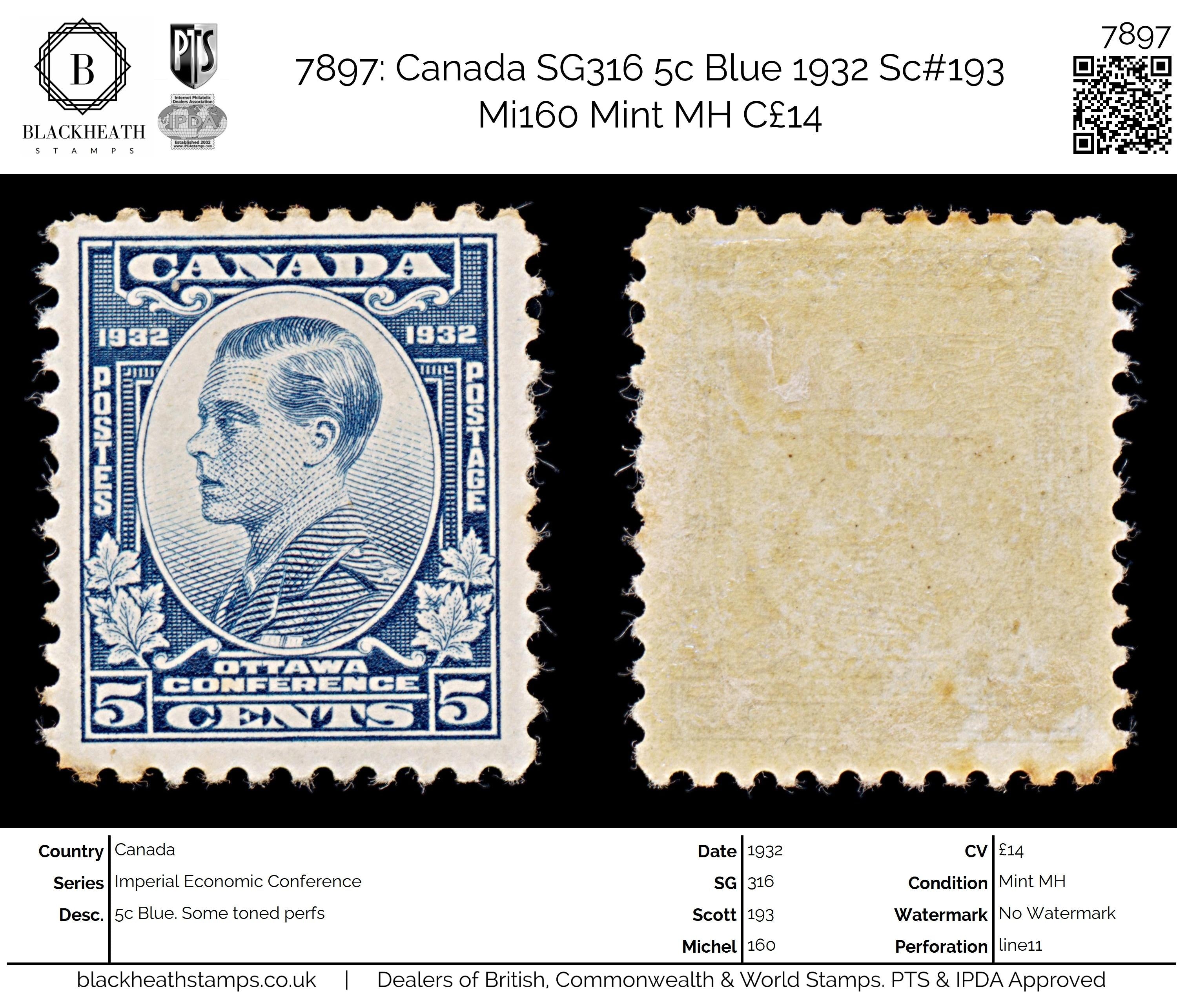 7897: Canada SG316 5c Blue 1932 Sc#193 Mi160 Mint MH C£14 – Blackheath ...